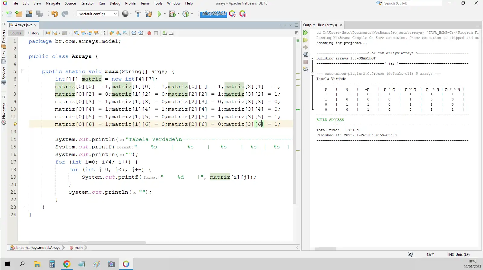 Tabela Verdade e Arrays em Java - Matrizes