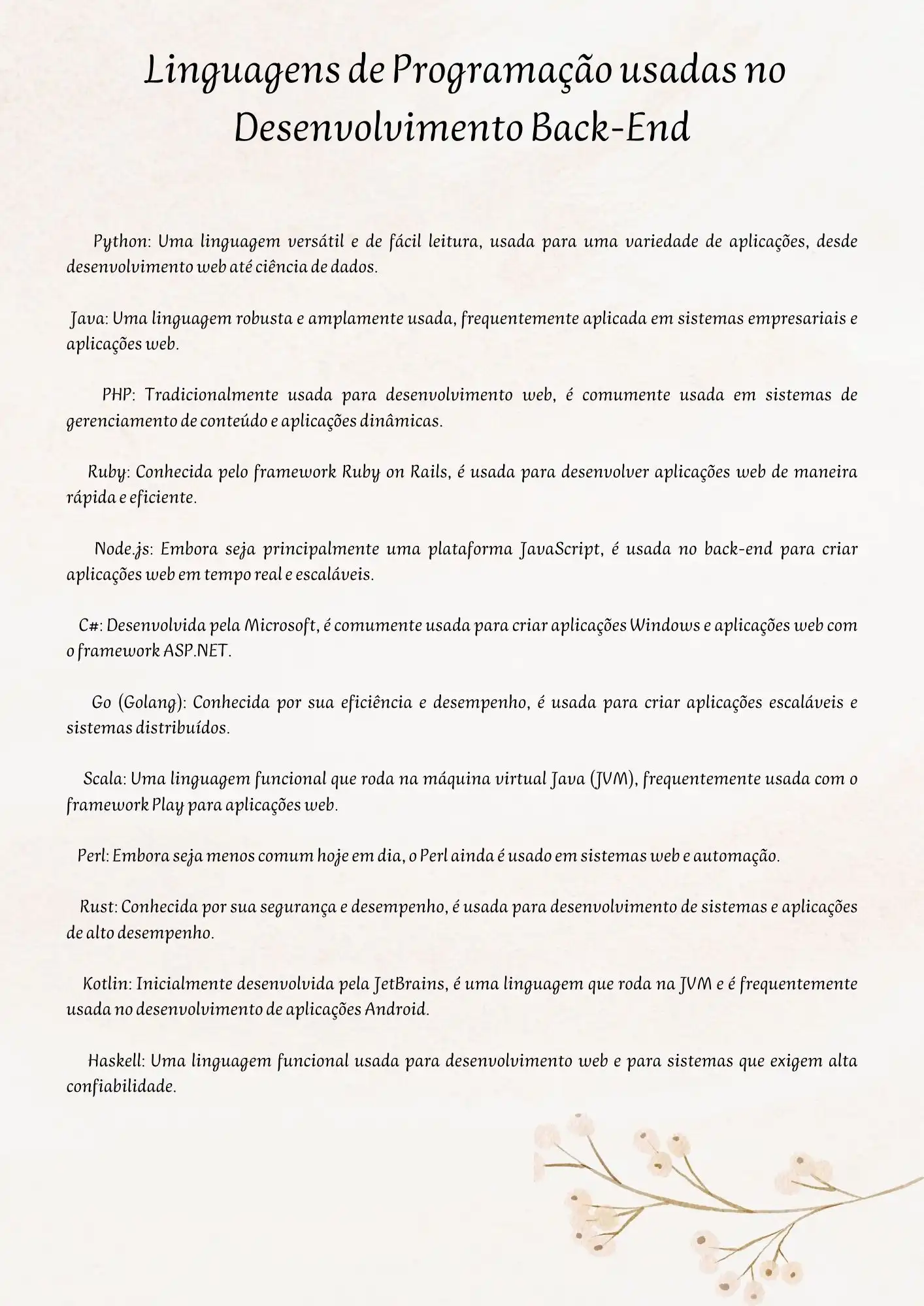Linguagens de Programação usadas no Desenvolvimento Back-End